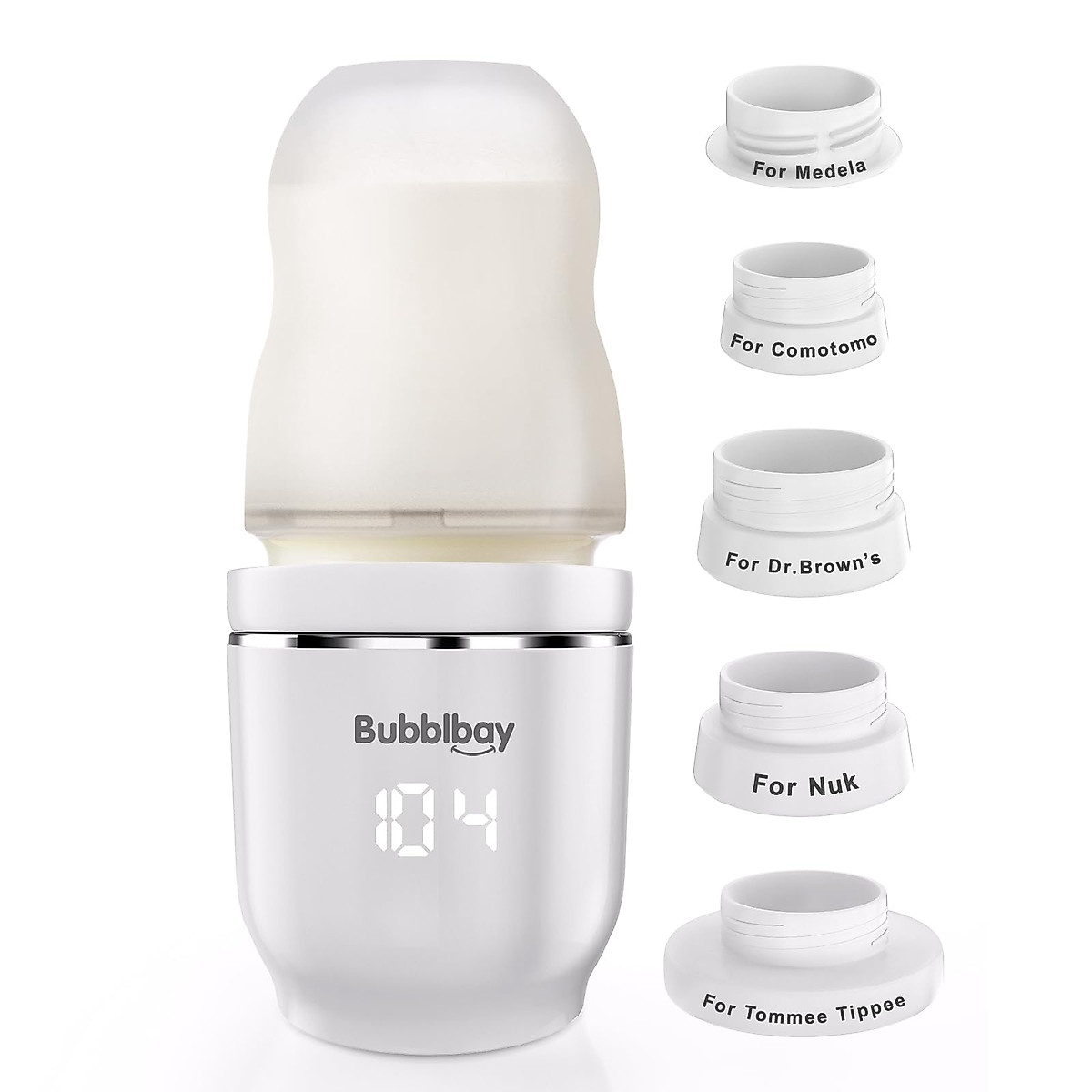 Bubblbay Portable Bottle Warmer,104° Digital Thermostat Baby Bottle Warmer with Upgraded 5 Adapters Leak-Proof Design,Wireless LED Display Travel Bottle Warmer for Breastmilk or Formula