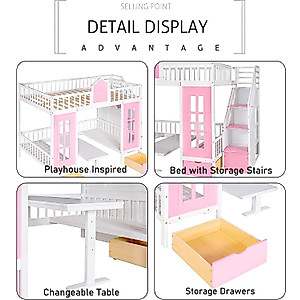 MERITLINE Full Loft Beds with Stairs and Desk, Wooden Castle Shaped Full Over Full Bunk Bed with Changeable Desk,Storage Bunk Bed with Drawers for Kids Girls Boys Teens, Pink
