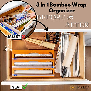 BASILEIA 3 in 1 Plastic Wrap Dispenser with Cutter - Bamboo Foil Organizer with 2 Extra Cutters & 24 Label for Cling Wrap, Aluminum Foil, Wax & Parchment Paper-Rolls up to 12"
