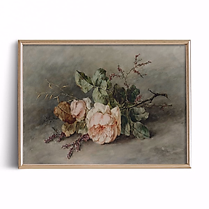 Farmhouse Still Life Pictures Living Room - Neutral Pink Rose Flower Floral Oil Painting - Art Deco Wall Art for Kitchen - 11 x 14 Art Print- Rustic Vintage Decor for Bedroom - Antique French Poster