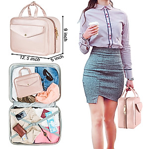 MATEIN Travel Toiletry Bag for Women, 9L Faux Leather Hanging Makeup Bag with Metal Snap Handle, Large Waterproof Cosmetic Storage Multiple Traveling Organizer for Toiletries Accessories, Pink