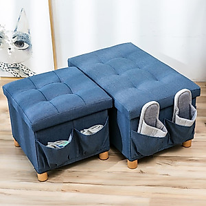 Wamnexti Denim Storage Ottoman Cube with Side Pouch, Foldable Tufted Denim Foot Rest Stool/Seat with Legs, Coffee Table Multipurpose Sofa for Living Room, Bedroom (Navy, 15'')