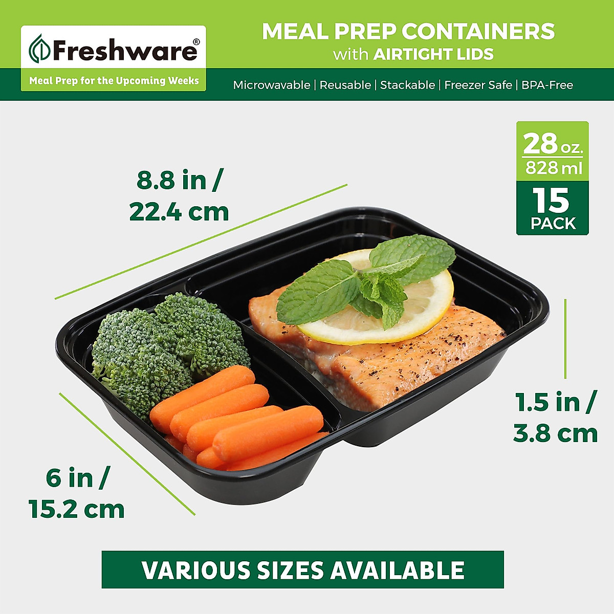 Freshware Meal Prep Containers [15 Pack] 2 Compartment with Lids, Food Storage Containers, Bento Box, BPA Free, Stackable, Microwave/Dishwasher/Freezer Safe (32 oz)