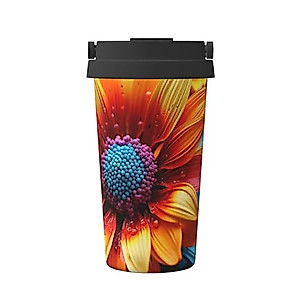 GTKSYNVE Reusable Coffee Mug with Lid and Handle, Colorful Sunflower Tumbler for Hot & Cold Drinks 16oz Stainless Steel Insulated Coffee Tumblers Double Wall Vacuum Thermal Cup