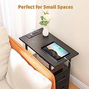 LAKEMID Narrow Side Table Set 2 with LED Light and USB C Port, Night Stand with Charging Station, Skinny End Table with 2 Fabric Drawers, for Bedroom, Living Room, Black