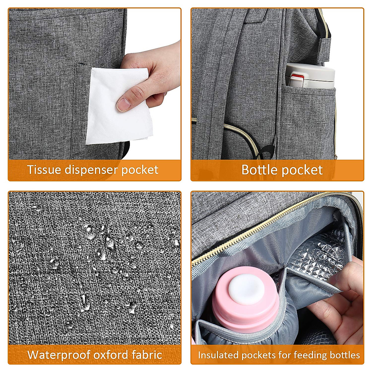 Baoyun Diaper Bag Backpack, Large Capacity Baby Bag for Boys Girls, Waterproof Travel Back Pack with Stroller Straps, Multi-Function Maternity Baby Changing Bags for Mom Dad, Gray