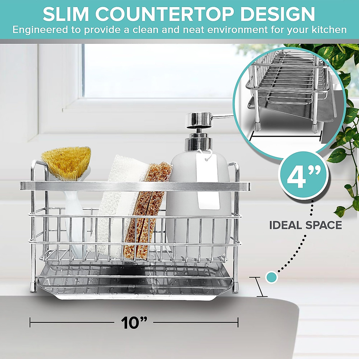 Soon Neat Sink Caddy with a divider - Kitchen Sink Organizer - Quick Draining, Stainless Steel Tray