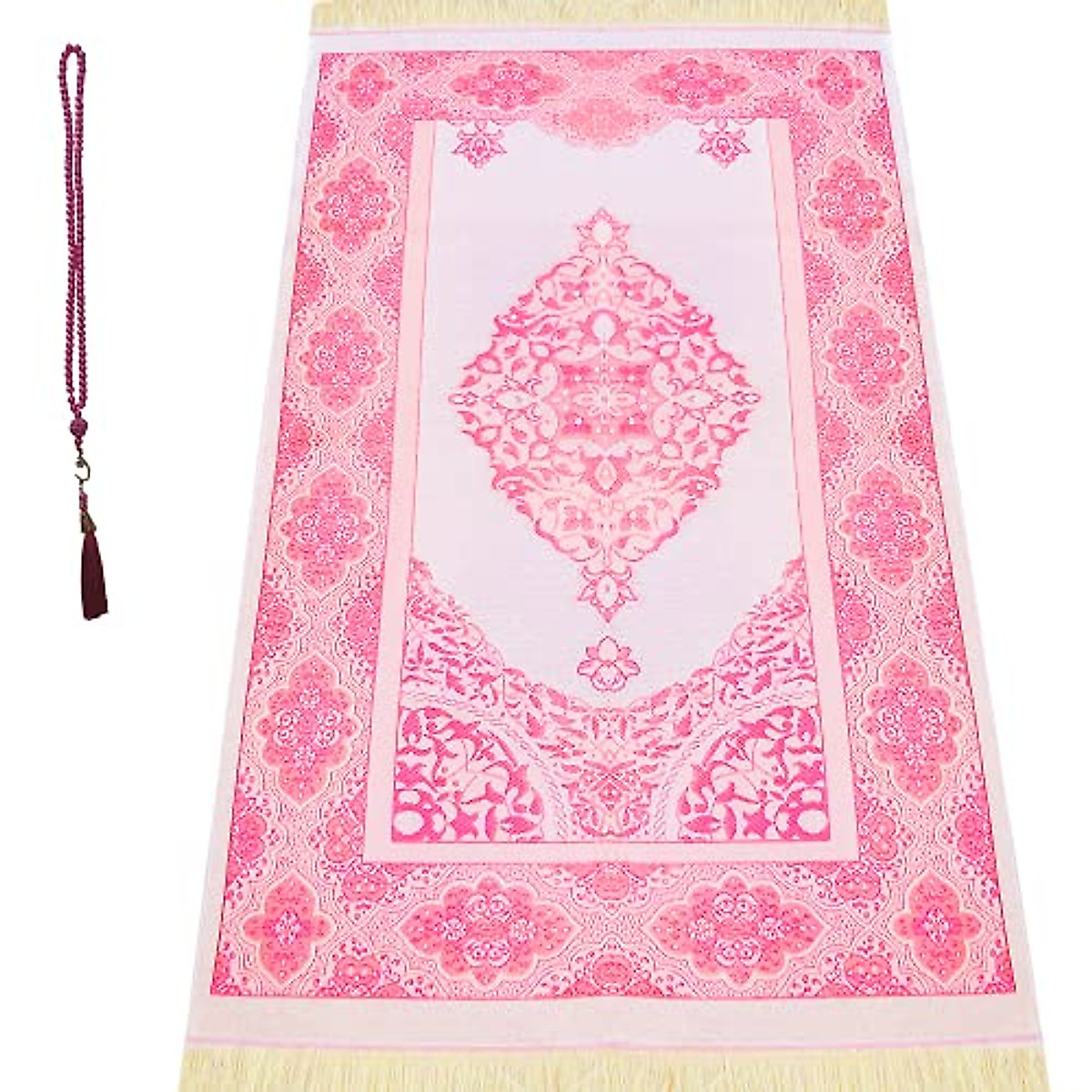 Prayeristan Muslim Prayer Rug - Prayer Mat with Gift Prayer Beads - Ramadan and Islamic Gifts - Portable Prayer Mat for Men and Women - Travel Prayer Mat -Turkish Design Muslim Prayer Rug (Pink)