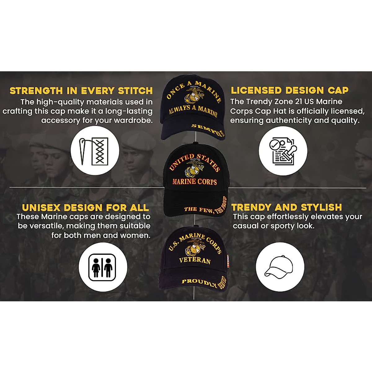 Trendy Zone 21 USMC Hat for Men and Women | Veteran Proudly Served Unisex Black US Marine Corps Cap, Officially Licensed Product | Semper Fi | Navy Blue