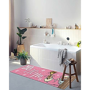 Christmas Pink Bath Mat for Tub,Non Slip Bathroom Floor Runner Rug Quick Dry & Absorbent Diatomaceous Earth Shower Sink Bedroom Kitchen Washable Doormat,Blush Santa Bell Winter Snowflake 18"x47"