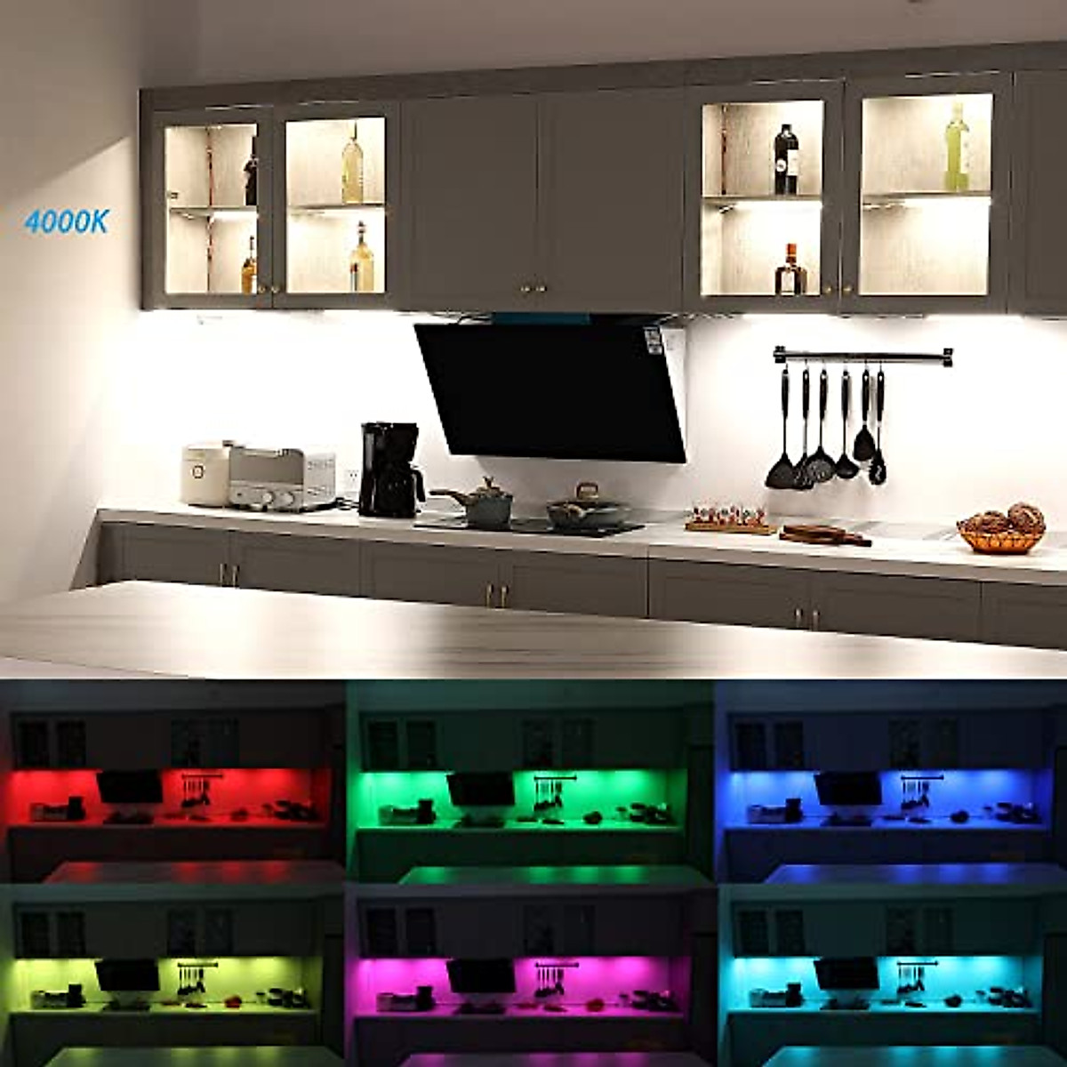 Kitchen Under Cabinet LED Light. RGBW. Color Change & Super Bright Cool White Light. Remote with Dimming. 6 LED Light Bars with Power Adapter, Extension Cable. Plug in. Easy to Install. RGB + 4000K.
