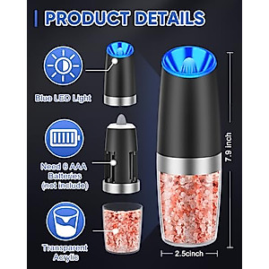 Gravity Electric Pepper and Salt Grinder Set, Adjustable Coarseness, With LED Light, One Hand Automatic Operation, Stainless Steel Black, (2 Pack Black)