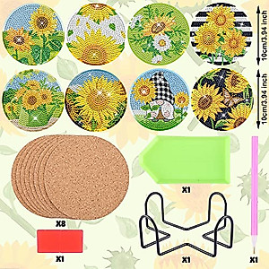 Sunflower Diamond Painting Coasters DIY Diamond Art Coaster 5D Full Drill Diamond Coaster Acrylic Round Cup Coaster with Holder Cork Pad for Summer Fall Thanksgiving Party Home Decor DIY Crafts, 8 PCS