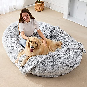 Homguava Large Human Dog Bed 75.5"x55"x12" Human-Sized Big Dog Bed for Adults&Pets Giant Beanbag Bed with Washable Fur Cover,Blanket and Strap, Grey Plush