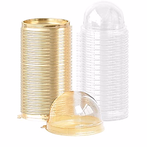 Dceyaor 50 Set Clear Plastic Mini Cake Box, Round Cupcake Holders Plastic Egg-Yolk Puff Container Mooncake Dome Boxes Baking Packing Box (Gold, 3.1 inch)