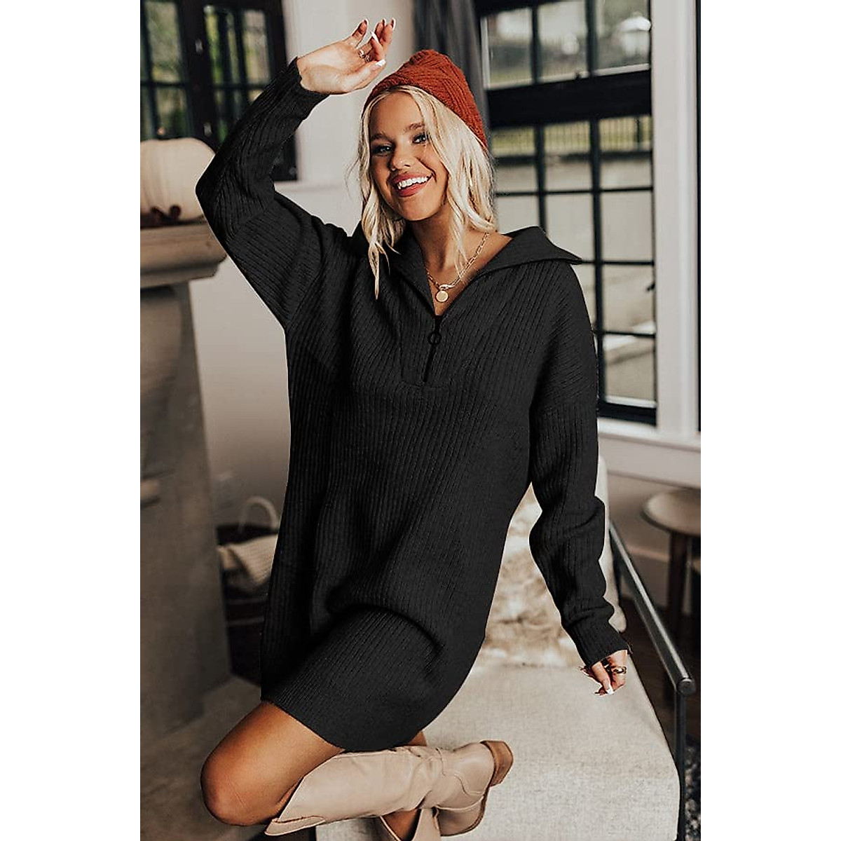 HOTOUCH Women Causal Long Sleeve V Neck Knit Sweater Dresses 1/4 Zip Pullover Sweater Dress Loose Jumper Sweaters (Black S)