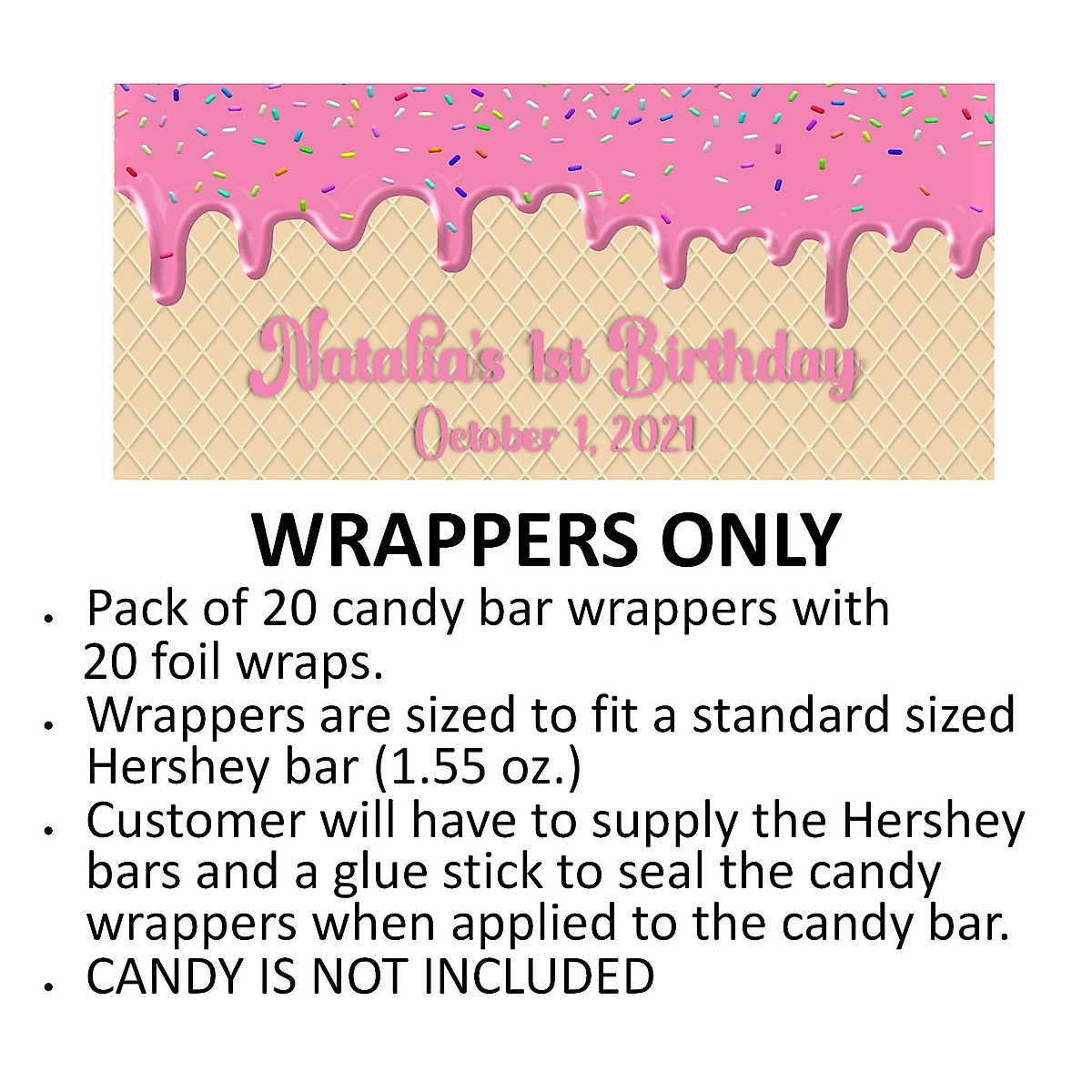 Ice Cream Party Candy Bar Wrappers, Personalized Birthday Favor, Custom Chocolate Bar Labels, Pack of 20 (Pink)