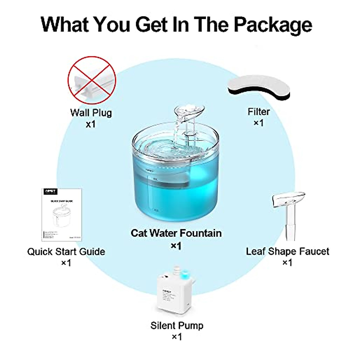 NPET WF100 Cat Water Fountain, 54oz/1.6L Automatic Pet Fountain Cat Water Dispenser with 2 Flow Modes, Light Quiet Pump for Cats (Adapter Not Included)