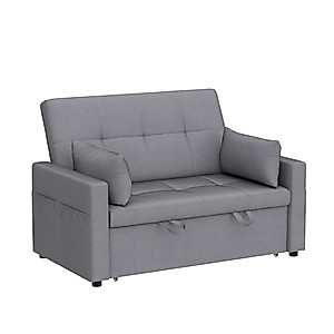 Haplized Loveseat Sleeper Sofa Bed, Light Grey Linen Fabric Convertible Sleeper Sofa with Pull-Out Couch Bed & Adjustable Cushions Backrest, Reclining Loveseat with Side Pocket for Living Room