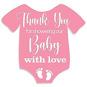 Cute Thank You for Showering Our Baby with Love Pink Baby Onesie Shaped Girl Baby Shower Thank You Stickers Labels for Girl Baby Shower Birthday Party Favor Label Decorations(10 in,80 Labels)