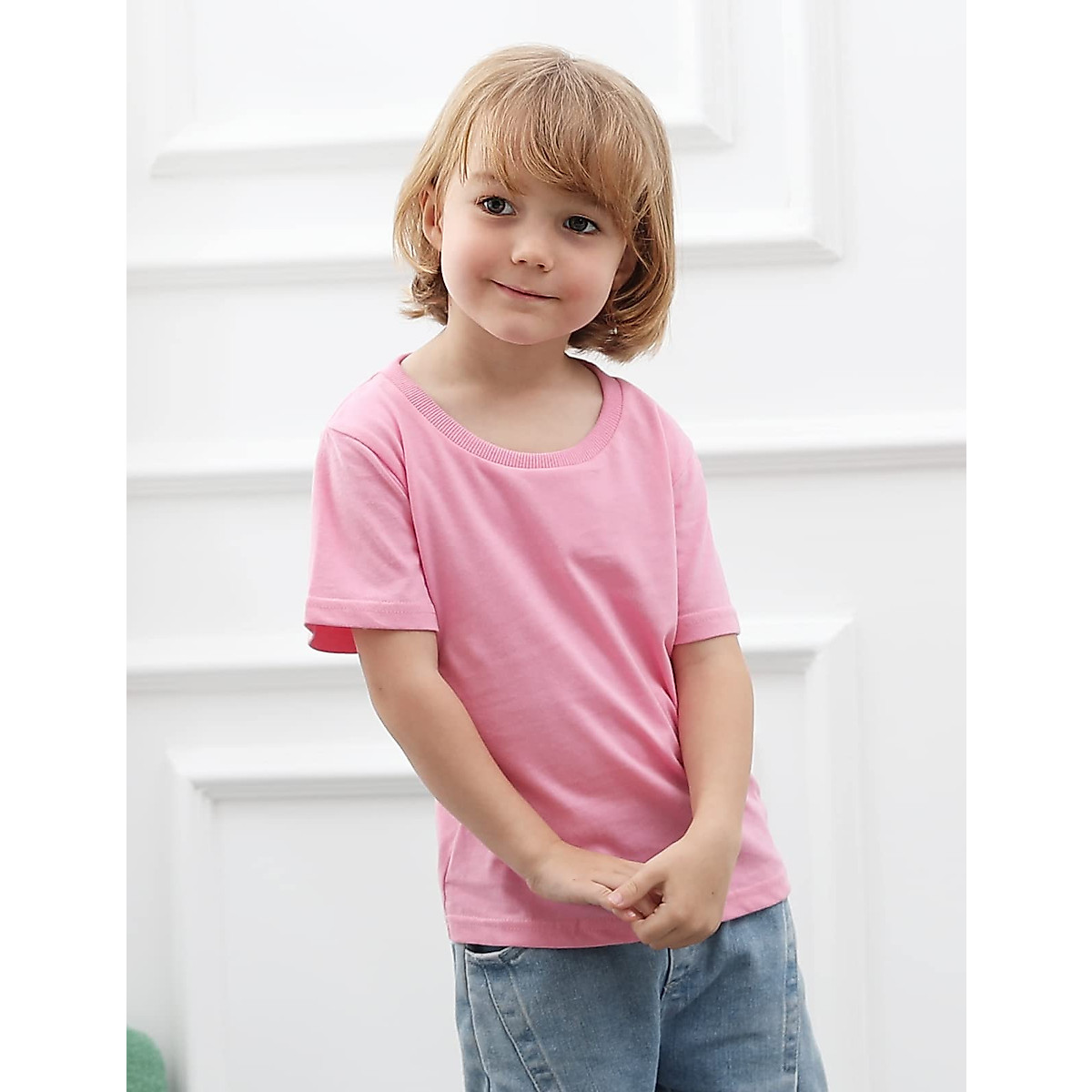 COSLAND Kids Plain Tshirts Boys Short Sleeve Shirt, Pink, Small