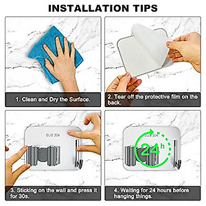 Drek Crek Mop Broom Holder Wall Mounted Heavy Duty No Drill, Adhesive Mop Broom Organizer, 304 Stainless Steel Mop Hanger Wall Mount Stick on w Hooks for Bathroom,Kitchen,Closet,Garage,Garden, 4PCS