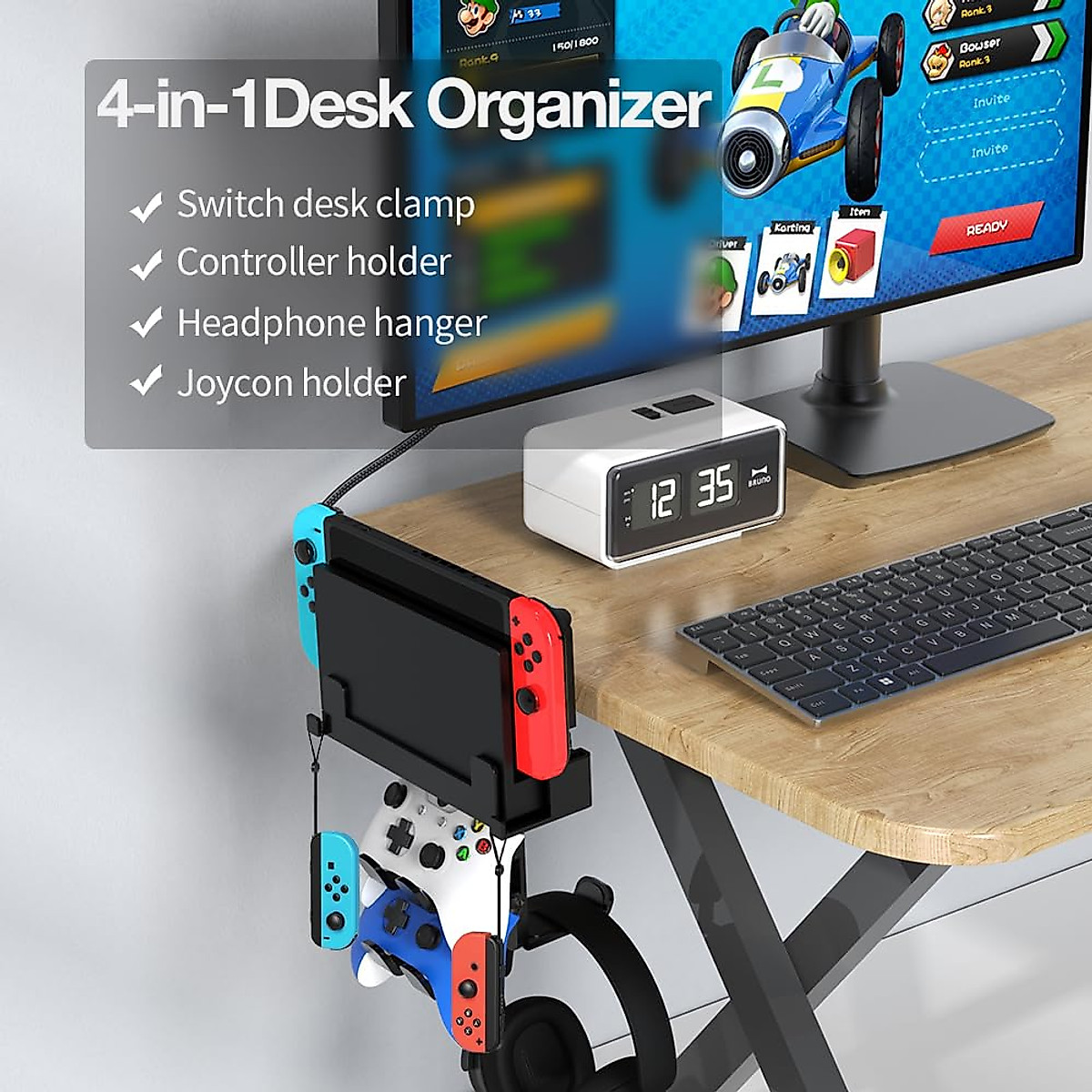 JDGPOKOO 4 in 1 Under Desk Clamp for Nintendo Switch/OLED, Switch Holder Mount with 360° Rotatable Headphone Hanger and Controller Holder, Headset and Controller Stand for PS4, PS5, Xbox, PC