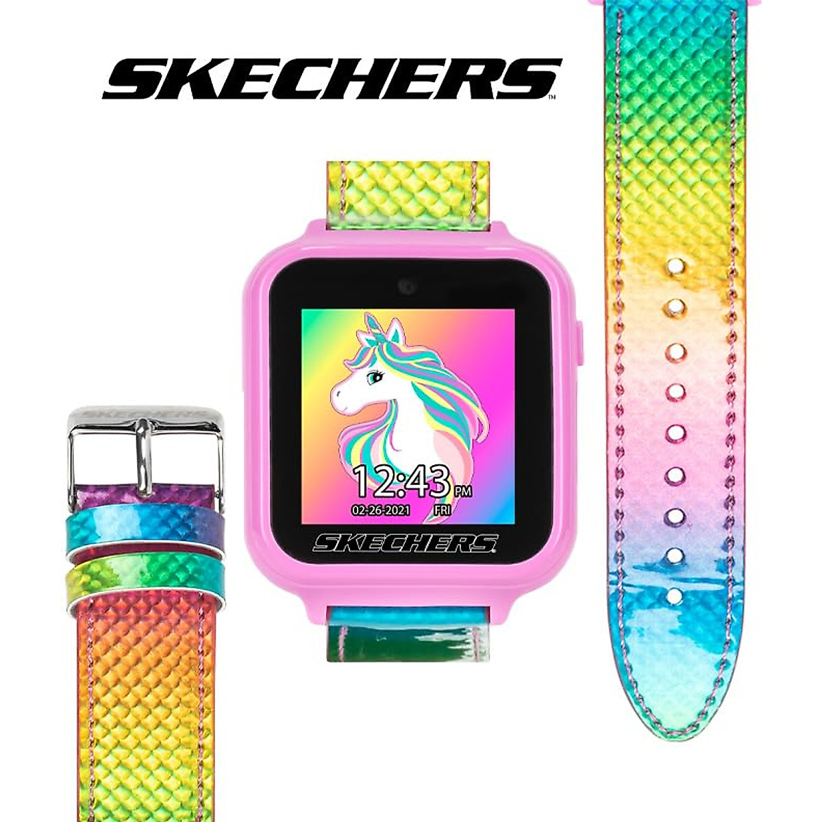 Skechers Kids Smart Watch with Rainbow Iridescent Strap, Games, Camera, & Fitness Tracker – Fun & Colorful Digital Watch with Touchscreen, Alarm, and Step Counter, Perfect for Everyday Wear and Play