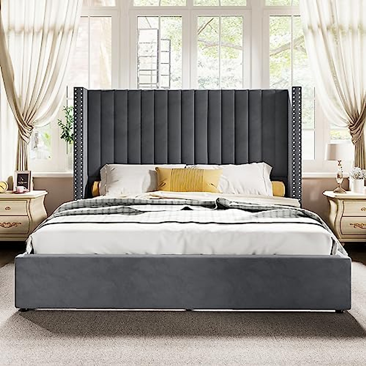 Jocisland Lift up Storage Bed Frame Queen Size, Upholstered Platform Bed Velvet with Channel Tufted Wingback Headboard, No Box Spring Needed, Gray