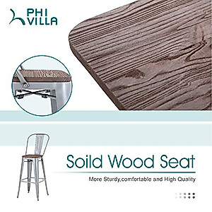PHI VILLA Metal Patio Bar Stools Set of 4, 30 inches Counter Height Stools with Wooden Seat and High Back, Industrial Style Bar Chairs for Indoor & Outdoor, Pub, Kitchen Island - Matte Grey