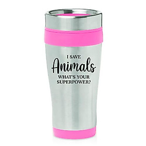 16oz Insulated Stainless Steel Travel Mug Coffee Mug Tumbler I Save Animals Superpower Funny Vet Tech Veterinarian (Pink)