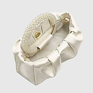 Beatfull Evening Purse Women Pearl Handbags Soft Leather Ruched Bag Bridal Clutch for Wedding Party Prom Crossbody Purses White