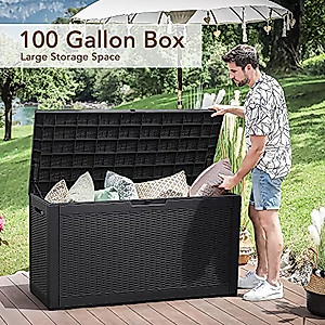 Homall 100 Gallon Large Resin Deck Box Waterproof Outdoor Storage with Padlock Indoor Outdoor Organization and Storage Container for Patio Furniture Cushions, Pool Toys, Garden Tools (Black)