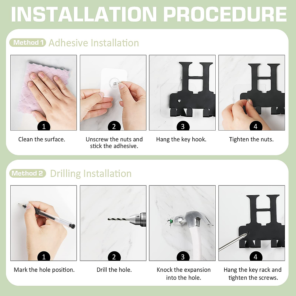 HOMEBROS Key Holder Wall Mount, Black Metal Key Hanger Adhesive Key Rack Organizer with 6 Double Key Hooks Wall Decorative for Entryway Doorway Hallway Garage 2 Installation Methods