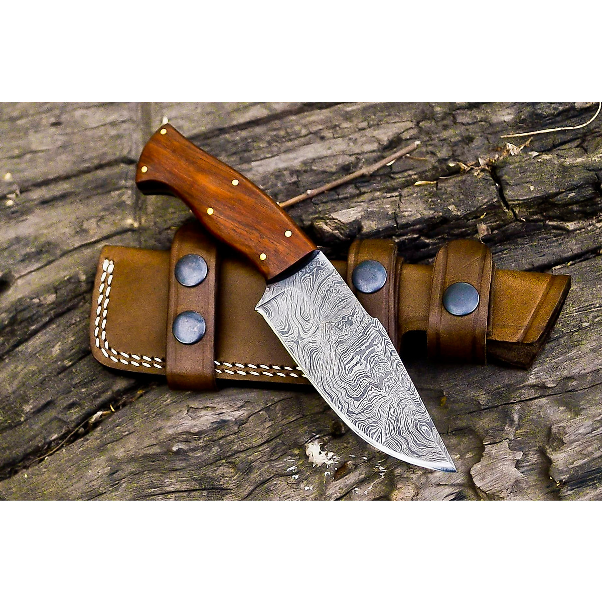 Nooraki HK-319 Custom Handmade Damascus Steel Knife - Full Tang Rosewood Handle, with Leather Sheath 8 Overall Hunting Skinning Survival Knife (Damascus Steel)