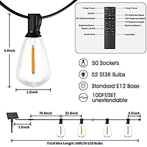 RTTY Solar String Lights Outdoor Waterproof 100ft with Remote and 52 Edison Bulb,Dimmable&Shatterproof,ST38 Solar Powered String Lights for Outside,Patio,Porch