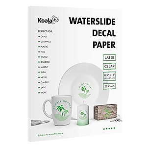 Koala Waterslide Decal Paper for Laser Printer - Clear Transparent - 25 Sheets Printable Water Slide Transfer Paper - 8.5x11 Inches