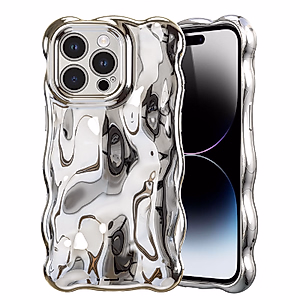UEEBAI Ripple Case for iPhone 13 Pro Max, Cute Silver Cover Wave Shape for iPhone Case Pretty Aesthetic 3D Phone Cover, Water Ripple Shell 3D Chrome Design for Women and Girl, Silver
