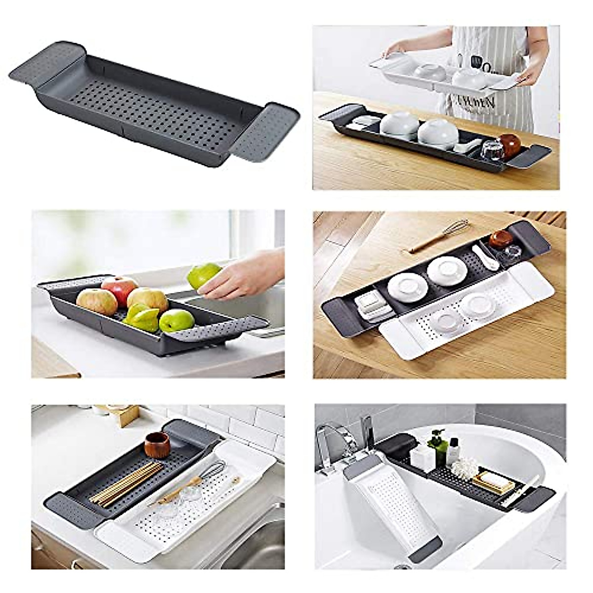 Expandable Bathtub Tray Drain Bath Caddy Tray Retractable Bath Caddy Tray Bathtub Storage Rack with Wine Glass Shelf Book Holder Candlestick Handle Dish Drain Rack