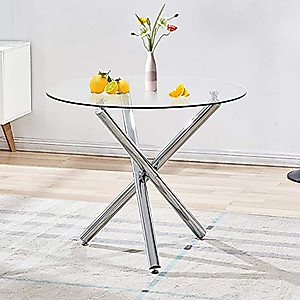 Modern Dining Table Set for 2 Person,3 Pieces Kitchen Dining Room Sets with Glass Round Table Top,Chrome Legs + 2 Grey with White Side,Faux Leather High Back Dining Room Chairs Set for Home Office
