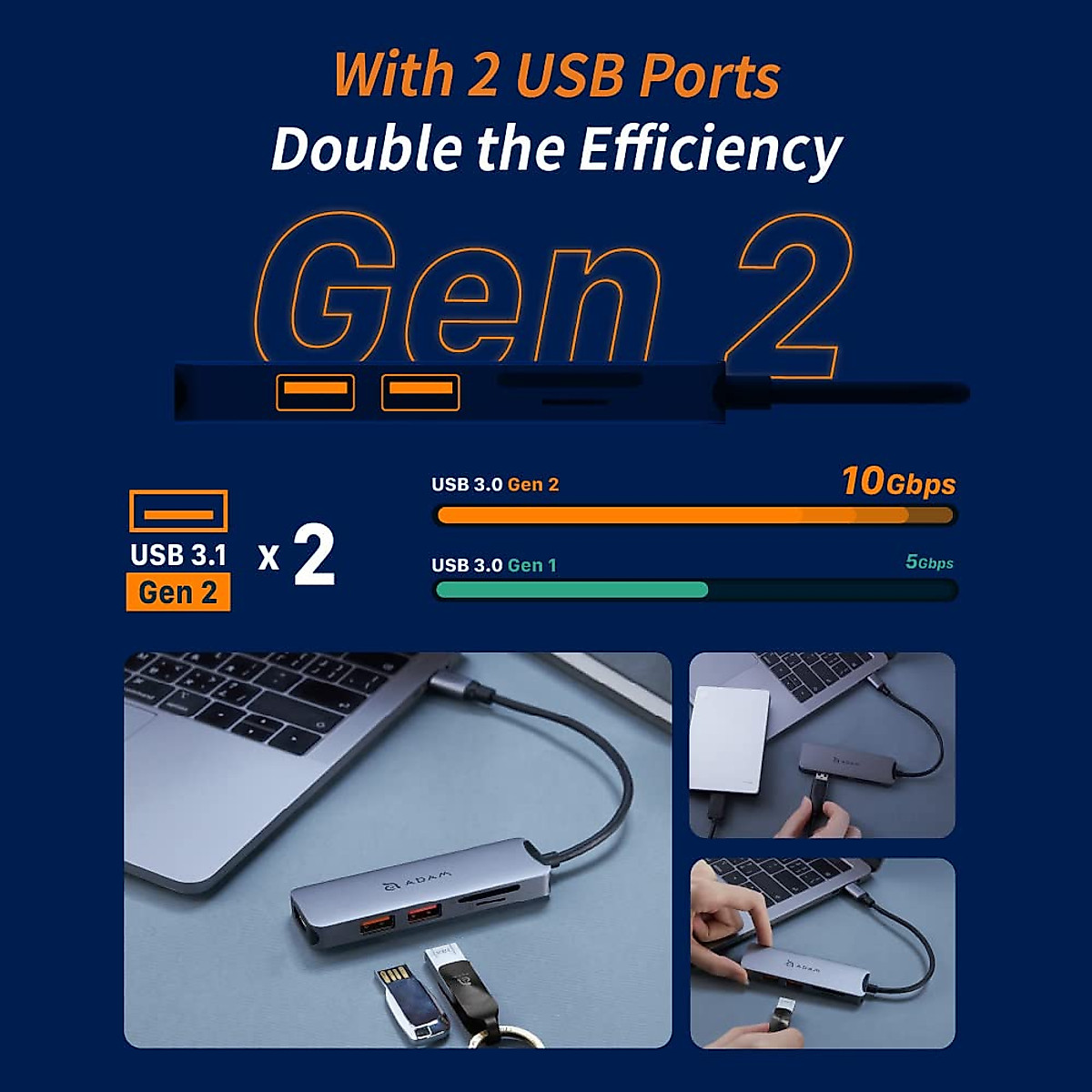 ADAM elements USB-C Gen2 Hub/Laptop Docking Station – CASA Hub A05 5in1 Multiport Adapter for Mac & PC Series - USB-A 3.1 Gen2 x2, HDMI, SD & microSD Card Reader