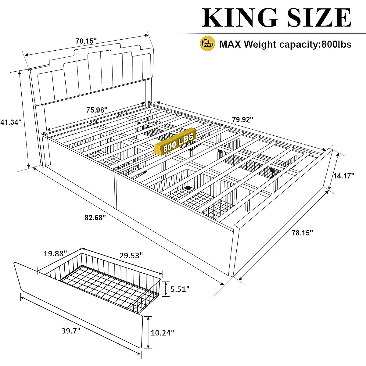 Kallabe King Size Bed Frame with 4 Storage Drawers, Upholstered Platform Bed with LED Light and Adjustable Headboard, Wooden Slats Support, No Box Spring Needed, Light Luxury Design，Dark Green