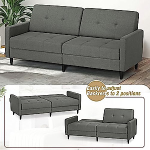 77" Modern Linen Fabric Futon Sofa Bed with Adjustable Backrest & Solid Wood Legs, Convertible Loveseat Couch Sleeper Sofabed 3 Seats Sofa for Small Space (Grey)