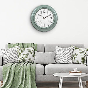 La Crosse Clock 433-3846 18 in. Indoor/Outdoor Sage Green Quartz Wall Clock with Temperature & Humidity