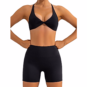 ABOCIW Workout Sets for Women Sexy Twist Front Cross Cross Back Sports Bra High Waist Biker Shorts 2 Piece Gym Yoga Outfits W-Black Medium