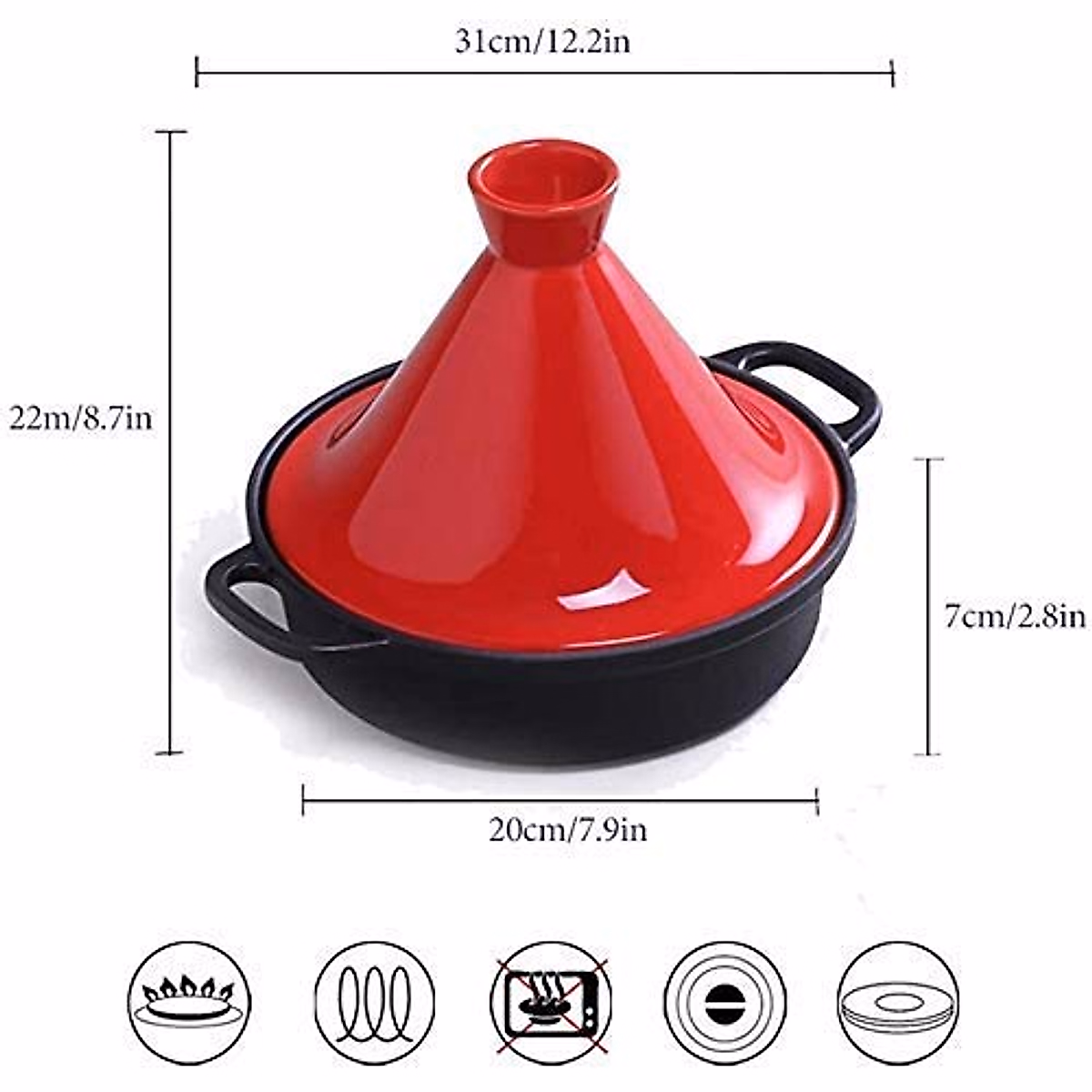 Ceramic Cooking Pot Cast Iron Pot with Lid Cast Iron Tagine Pot 20Cm,Tajine Cooking Pot with Enameled Cast Iron Base and Cone-Shaped Lid Lead Free Stew Casserole Slow Coo