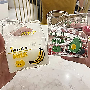 YYSS 380ml Kawaii Milk Glass Cup Creative Square Clear Milk Carton Water Bottle Wholesale Cute Fruit Heat Resistant Breakfast Cups (Peach, 300-400ml)