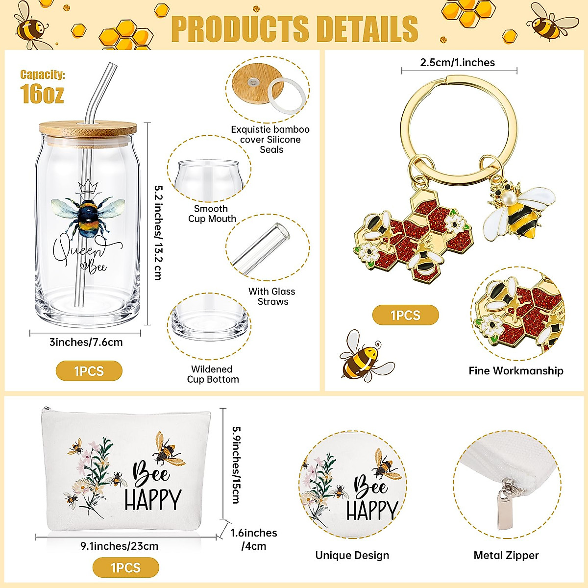Hushee Set of 3 Bee Theme Gifts Honey Bee Cup Wine Glass with Lid Straw and Bee Makeup Bag and Bee Keychain for Thanksgiving Christmas Gifts for Women Teachers Employee Bee Lovers