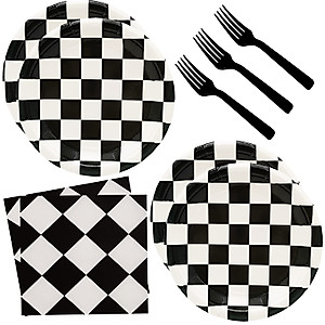 60Pcs Black and White Checkered Race Car Party Supplies,Racing Themed Tableware Set 7"Racing Dessert Paper Plates and Napkins,Fork for Kids Car Sports Race car Themed Birthday Party Decor (Car Set)