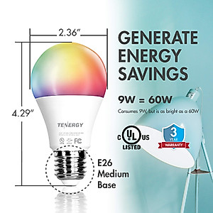 Tenergy 4 Pack Smart WiFi Led Light Bulb with White and Color Changing Light Bulb A19, No Hub Required LED Bulb with APP Compatible with Alexa and Google Home Assistant